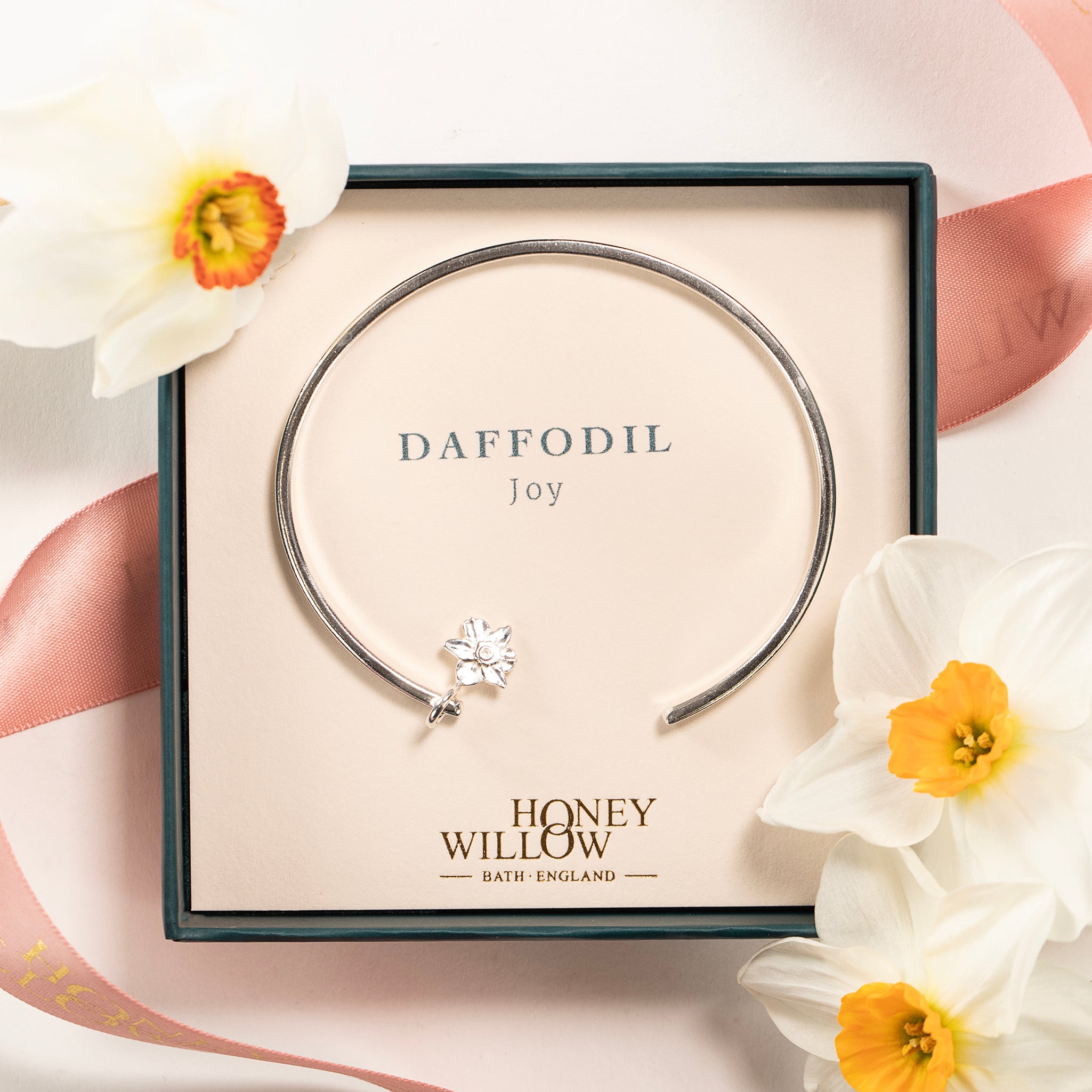 Personalised Daffodil Flower Open Cuff Bangle - Joy - Silver – Honey Willow - handmade jewellery