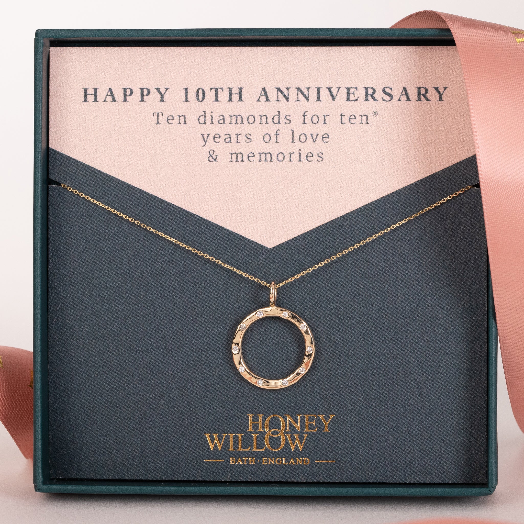 10th Anniversary Gift - 10 Diamonds for 10 Years Halo Necklace - 9kt G ...
