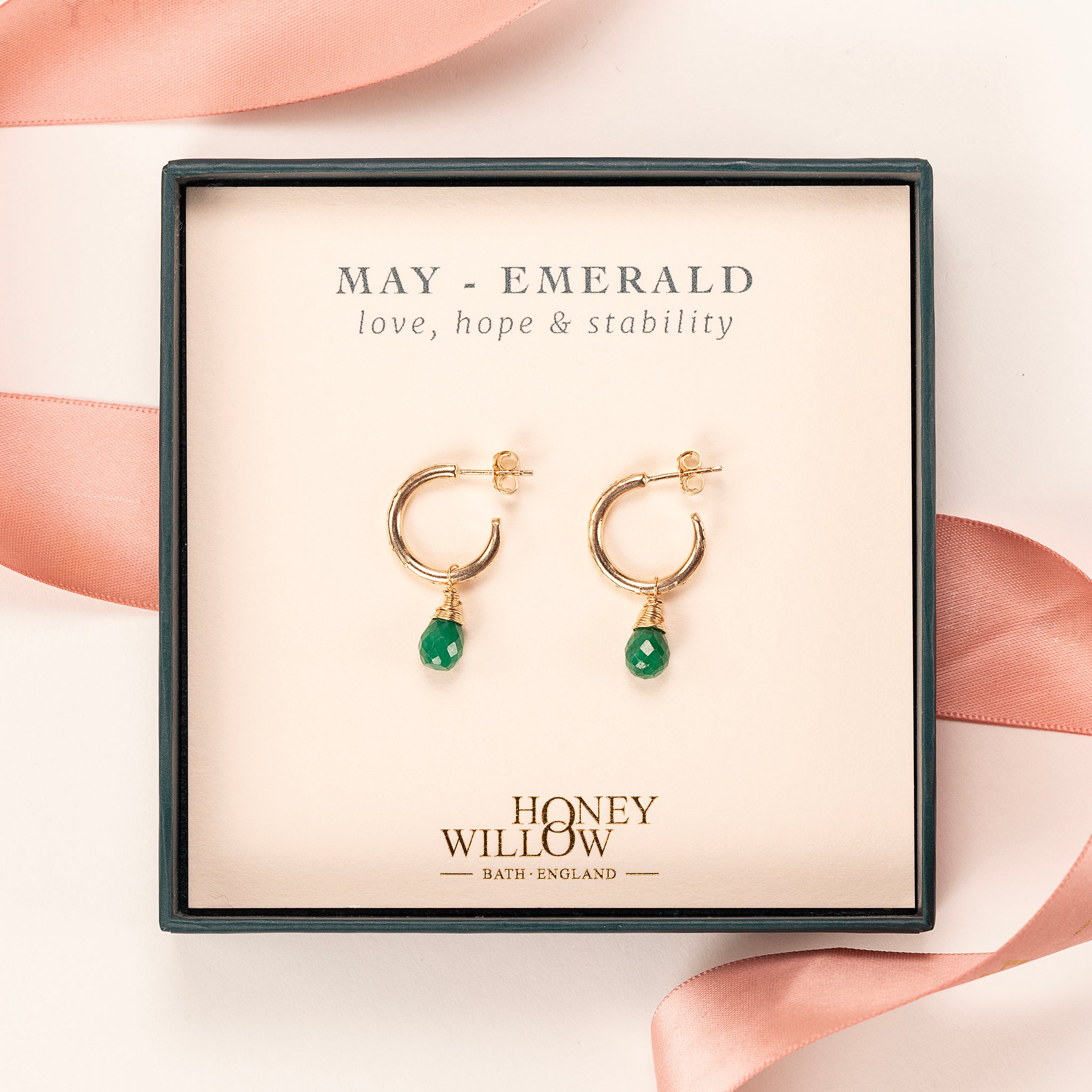 May Birthstone Earrings - Emerald Gold Hoops - 1.5cm – Honey Willow ...