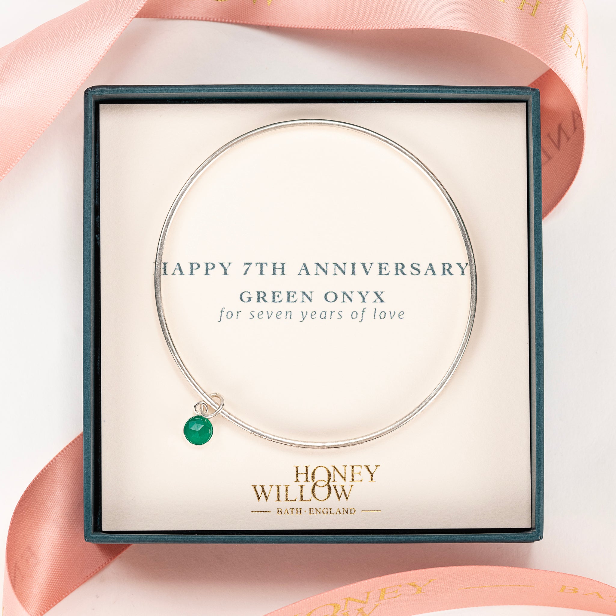7th Anniversary Gift - Personalised Green Onyx Bangle - Silver – Honey Willow - handmade jewellery