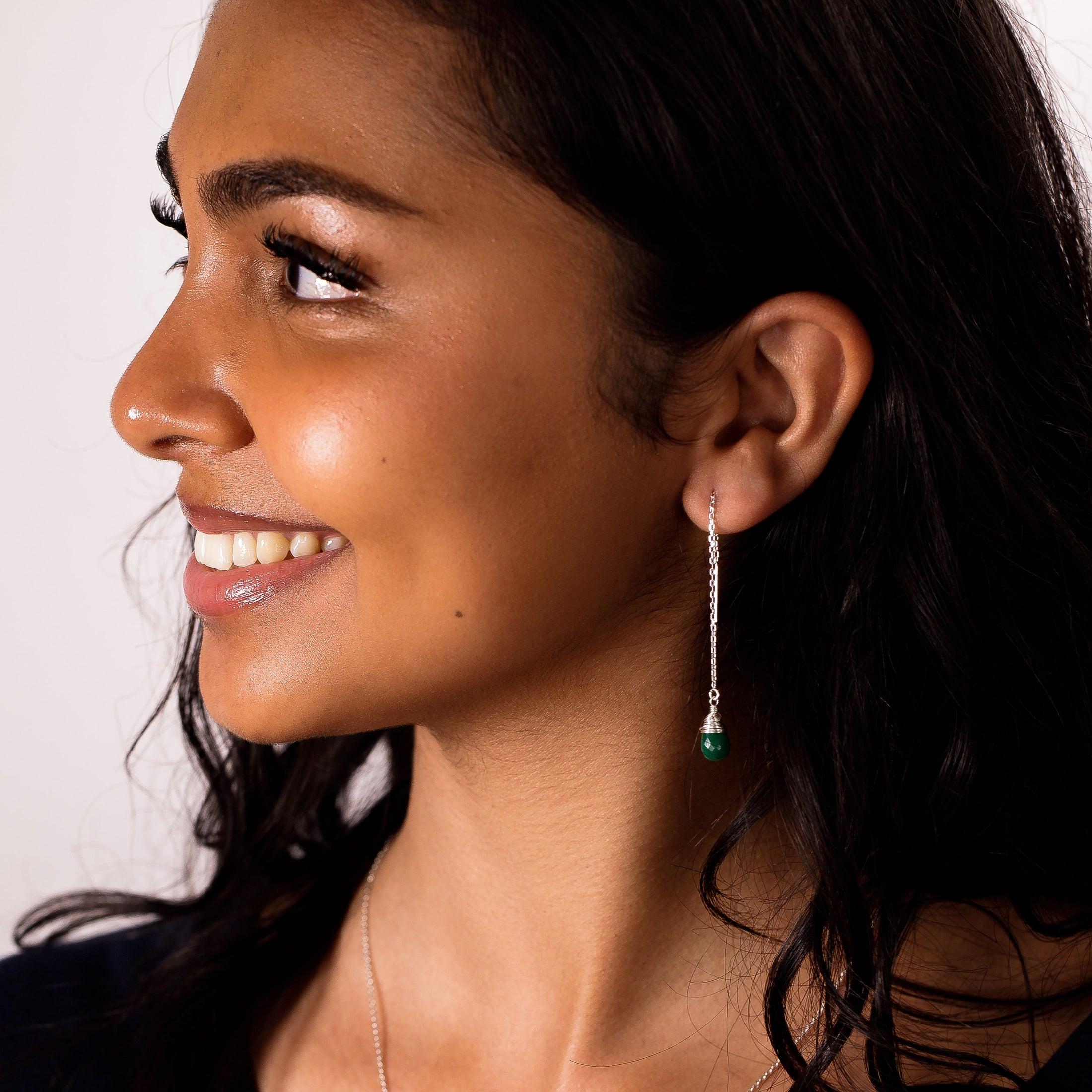 May Birthstone Threader Earrings - Emerald - Silver & Gold – Honey Willow - handmade jewellery