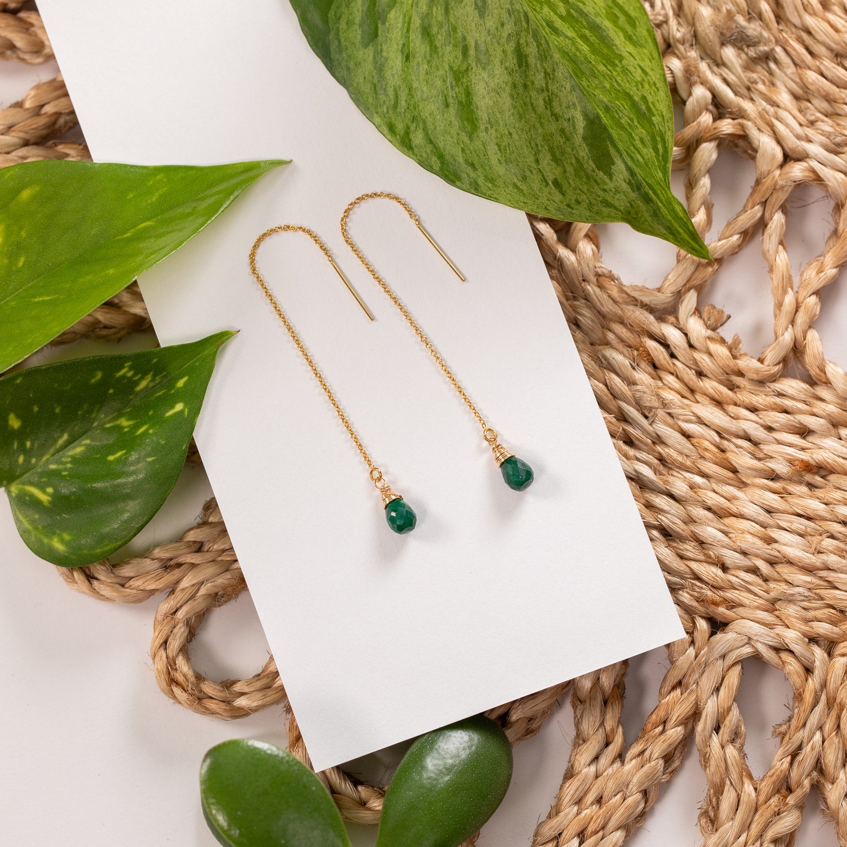 May Birthstone Threader Earrings - Emerald - Silver & Gold – Honey Willow - handmade jewellery