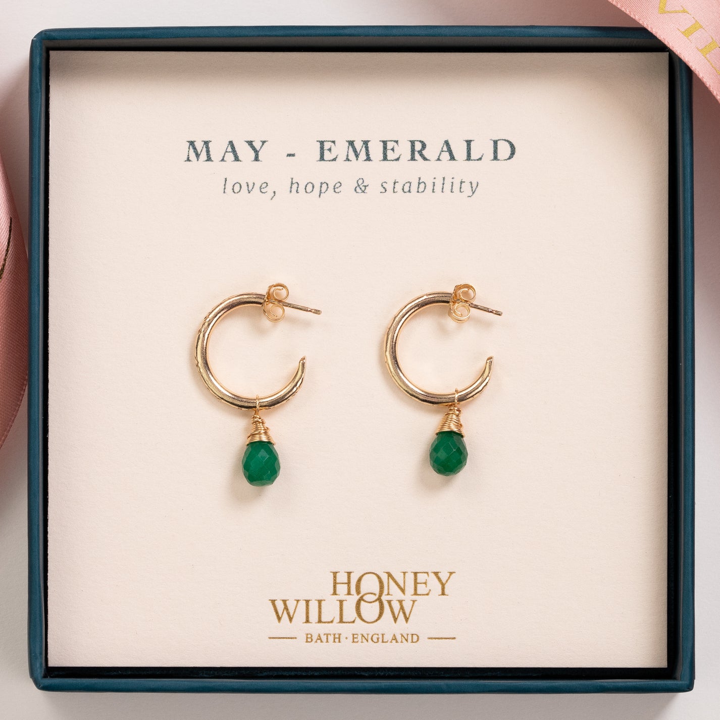 May Birthstone Earrings - Emerald Gold Hoops - 1.5cm – Honey Willow ...